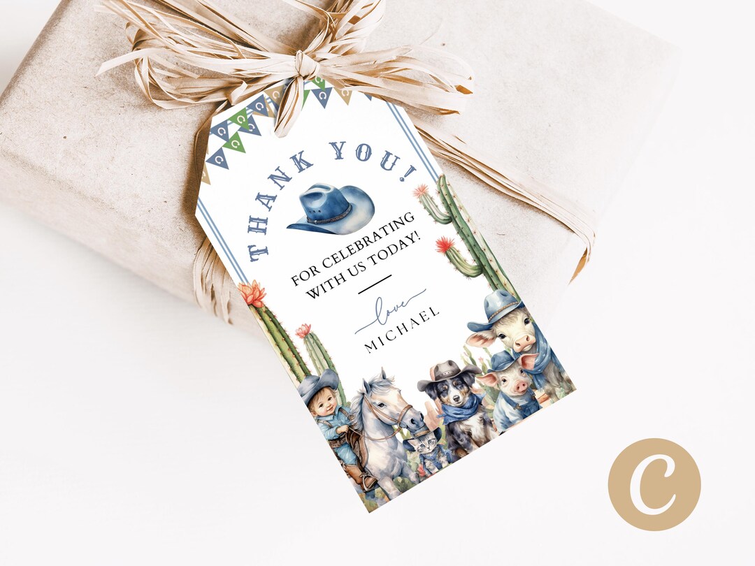 Editable My First Blue Rodeo Birthday Thank You Tag Canva Template ...