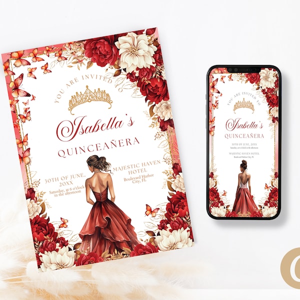 Red Quinceanera Invitation Canva - Etsy