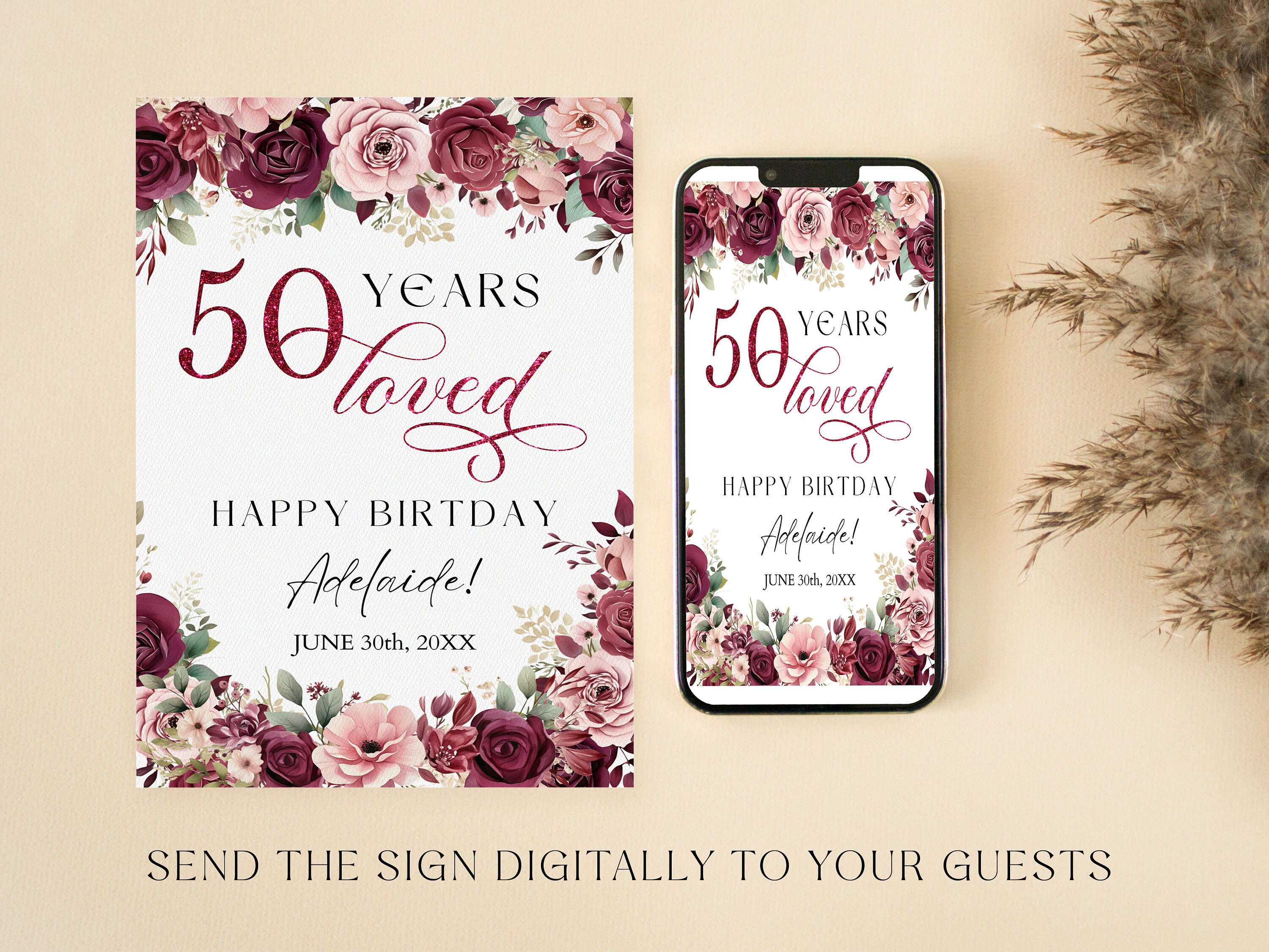 60th Birthday Welcome Sign Template for Mother Grandma, Pink Burgundy ...