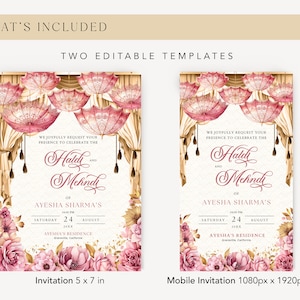 Mehndi Invitation Pink Gold Floral Editable Canva Template for Indian ...
