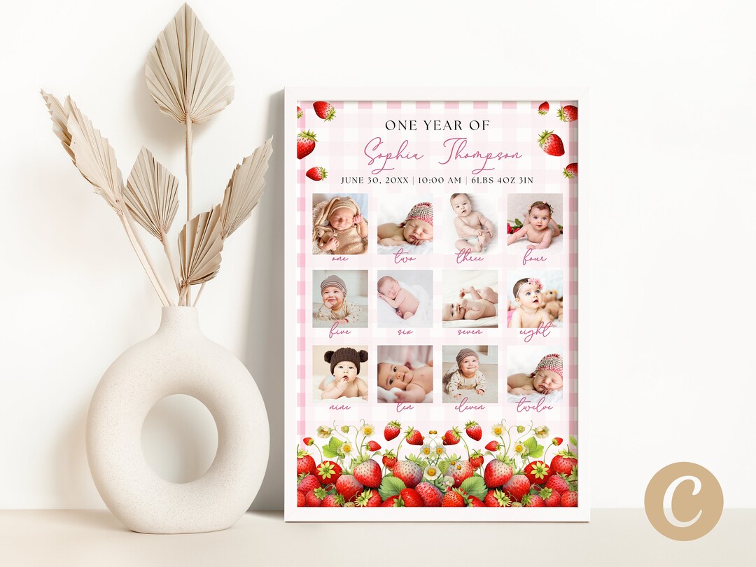 Editable Berry First Birthday Milestone Sign Canva Template, Strawberry ...