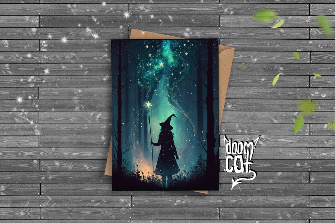 Witchy Greetings Card Forest Witch Woodland Nature Magic Stars Birthday ...