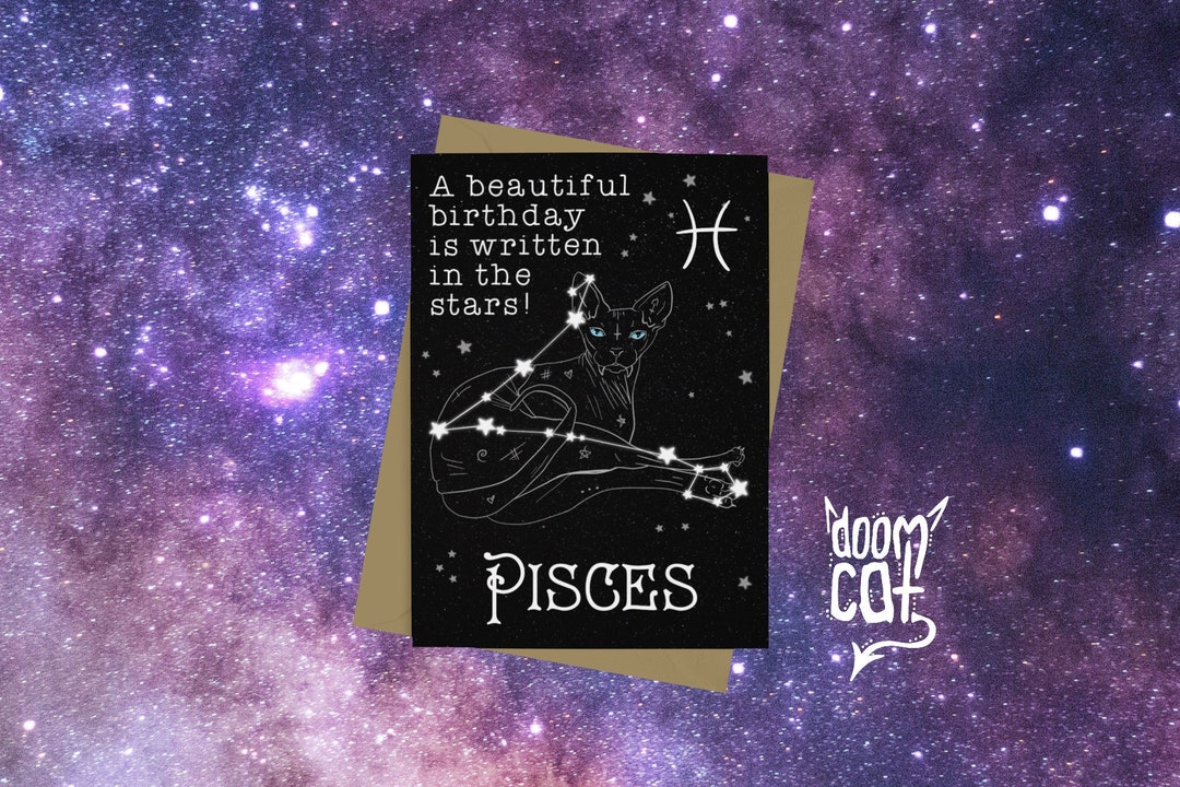 Pisces Birthday Card Goth Gothic Doom Cat Sphynx Space Stars Witchy ...