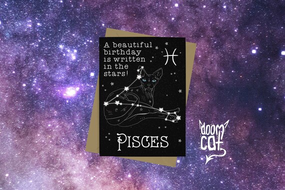 Pisces Birthday Card Goth Gothic Doom Cat Sphynx Space Stars - Etsy
