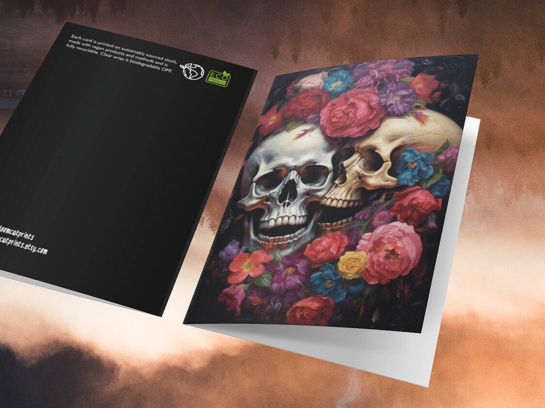 Skull Wedding Card Flowers Oil Painting Print Skeletons Goth Gothic ...