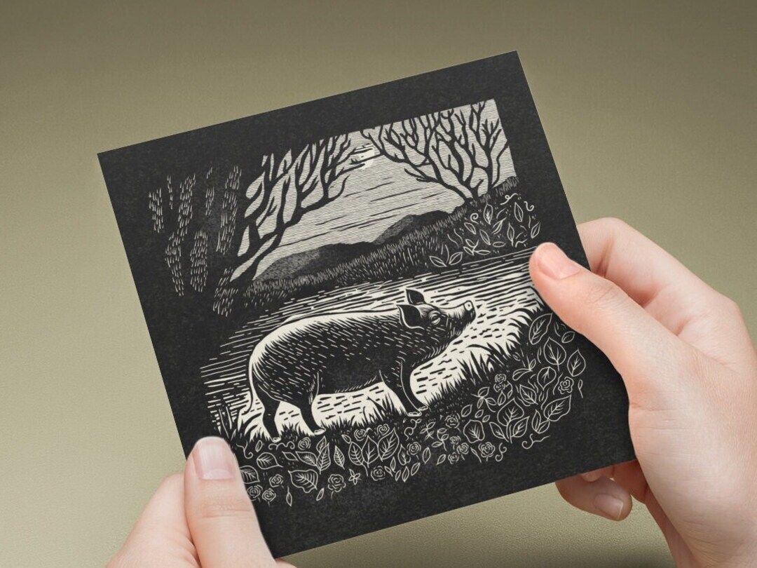 Pig Birthday Card: Gothic Linocut Art, Monochrome Piggy Thank You - Etsy