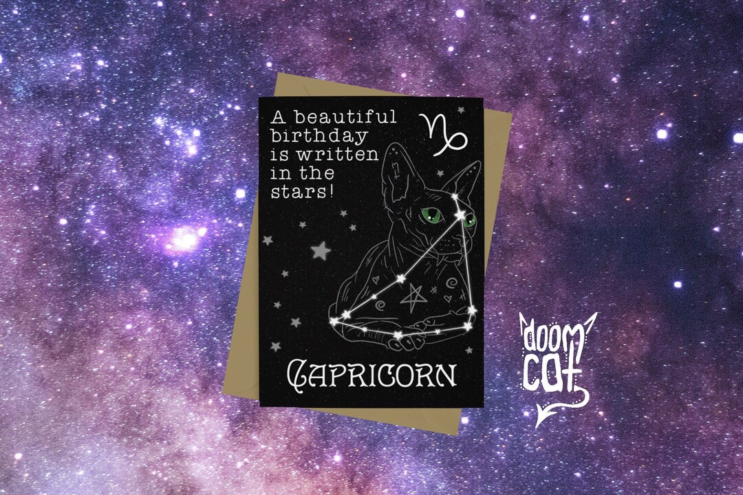 Capricorn Birthday Card Goth Gothic Doom Cat Sphynx Space Stars Witchy ...