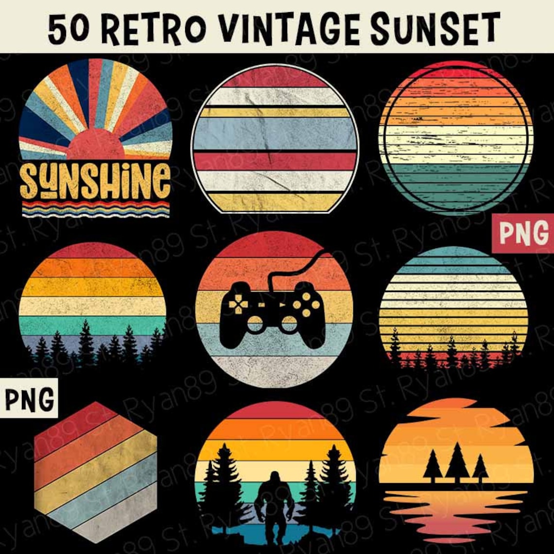 Retro Vintage Sunsets 50 Retro Sunset Clipart PNG Digital - Etsy