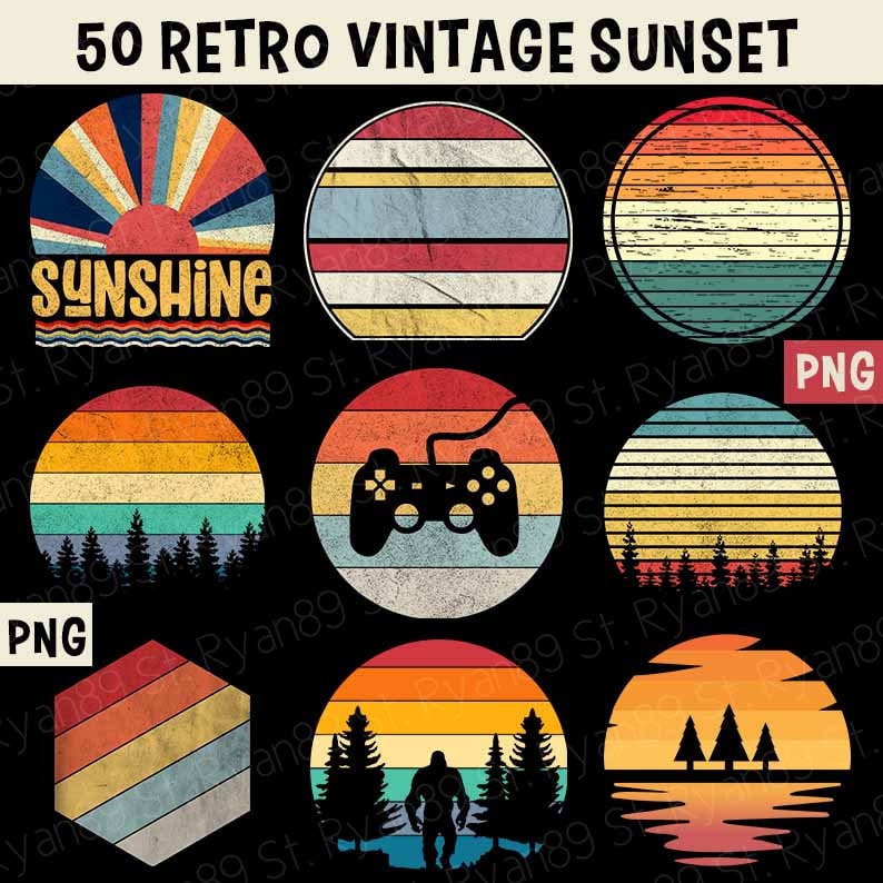 Retro Vintage Sunsets 50 Retro Sunset Clipart PNG Digital - Etsy