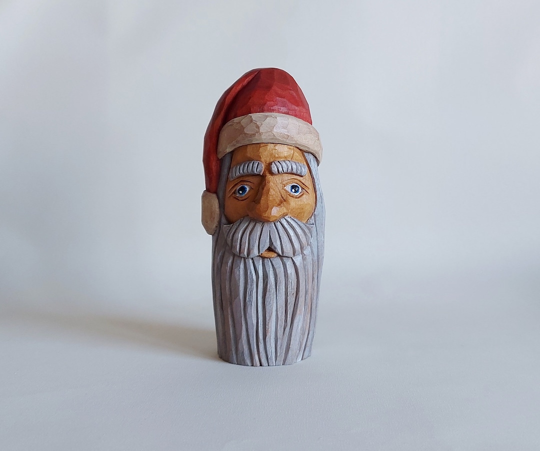 Wood Carved Santa Statue, Wooden Santa Figurine, Hand Carved Christmas ...