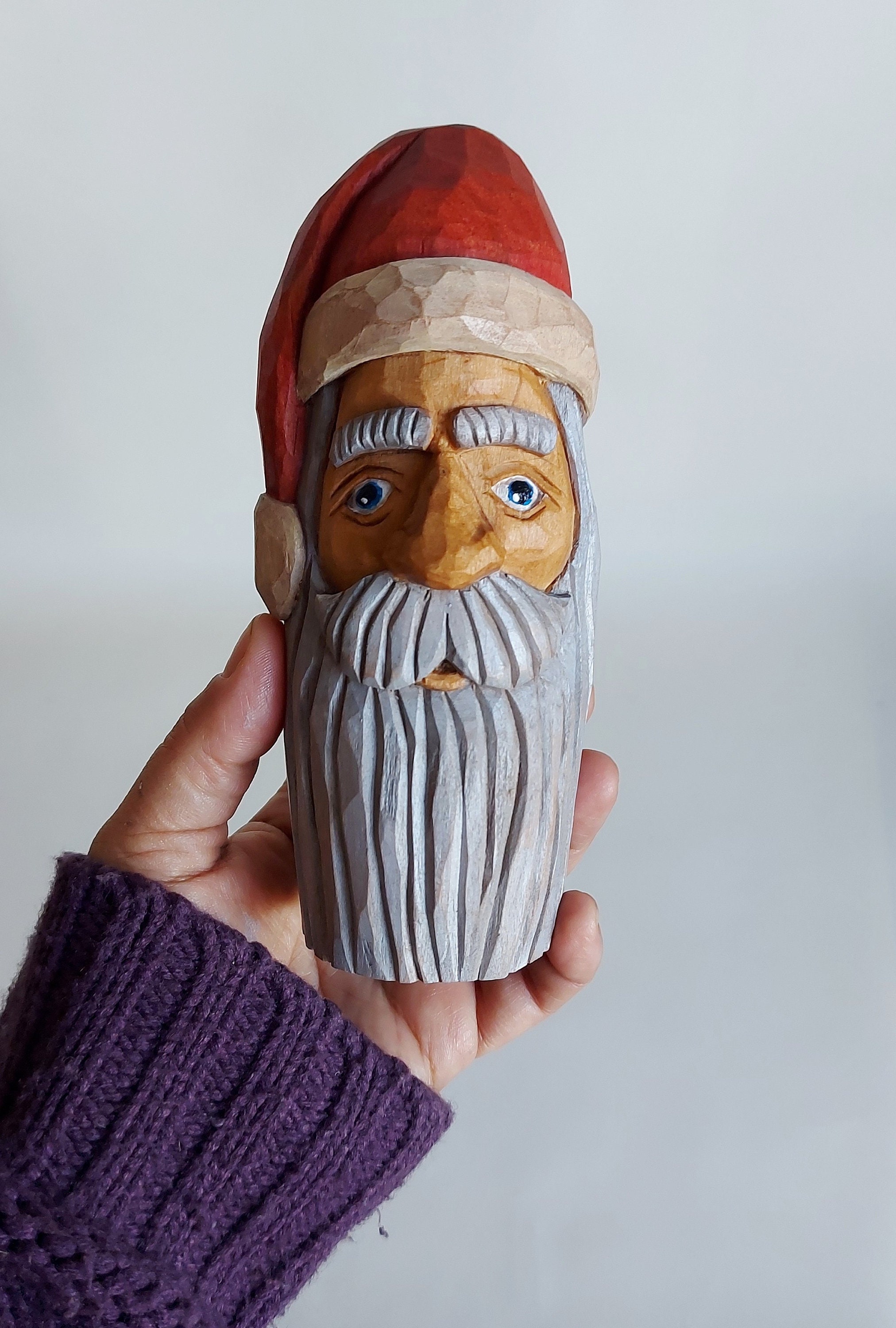 Wood Carved Santa Statue, Wooden Santa Figurine, Hand Carved Christmas ...