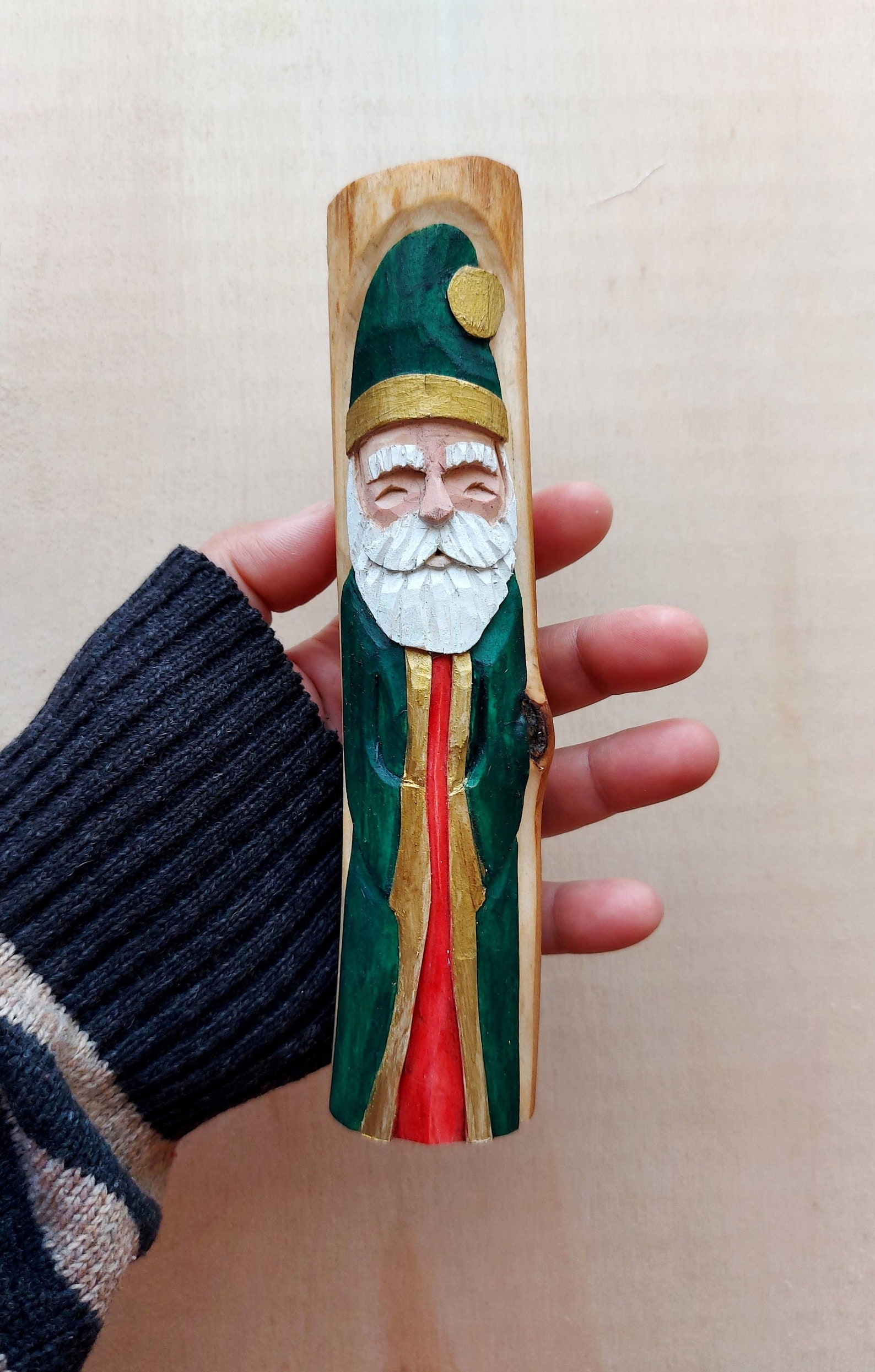 Wood Carved Santa Figurine, Wooden Santa Home Decor, Hand Carved ...