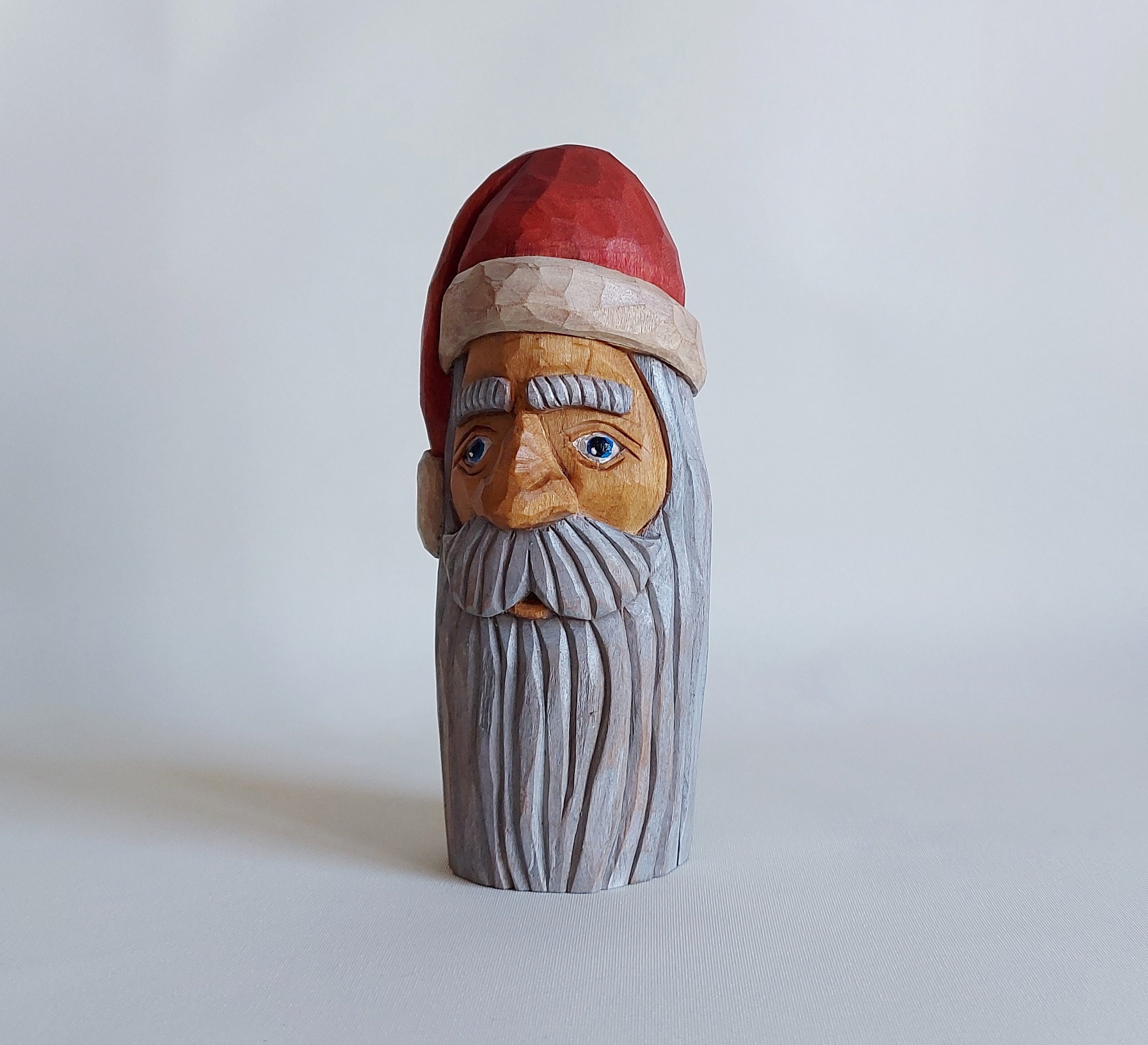 Wood Carved Santa Statue, Wooden Santa Figurine, Hand Carved Christmas ...