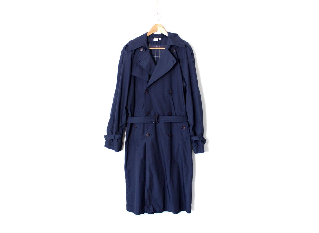 Vintage Navy Blue Double Breasted Trench Coat, 70s 80s Spy Style ...