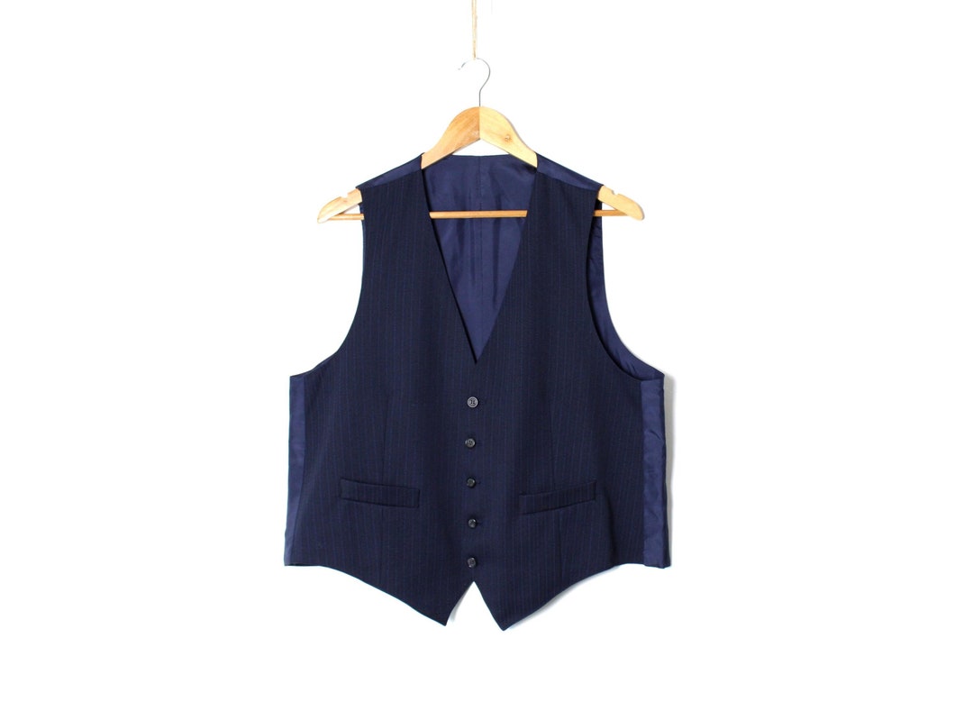 Vintage Dark Blue Striped Vest, 80's Suit Waistcoat Classic Button Up ...