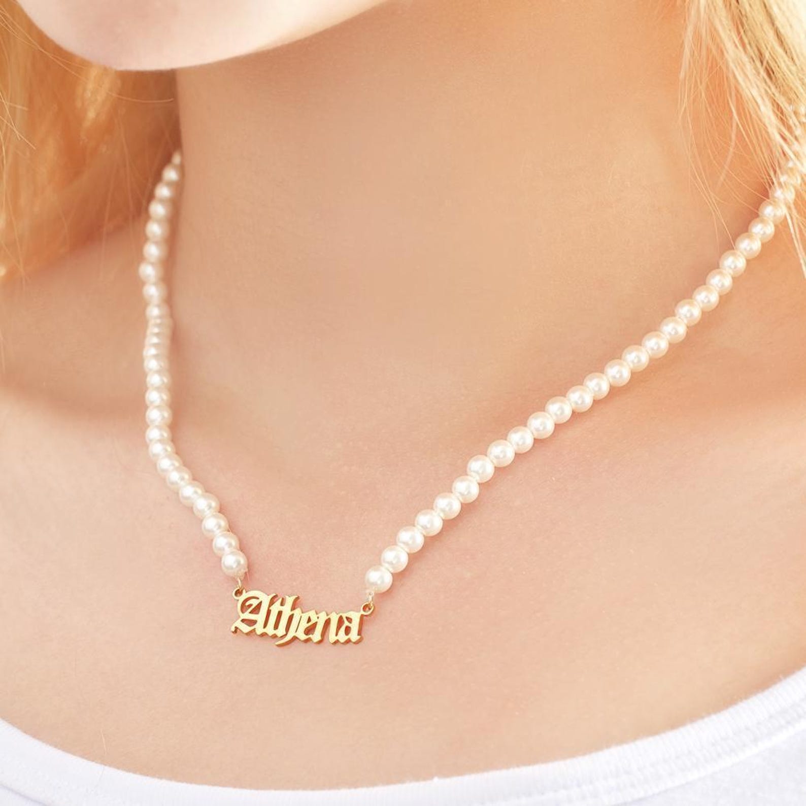 Personalised Pearl Name Necklace, Custom Dainty Chocker Pearl Name ...