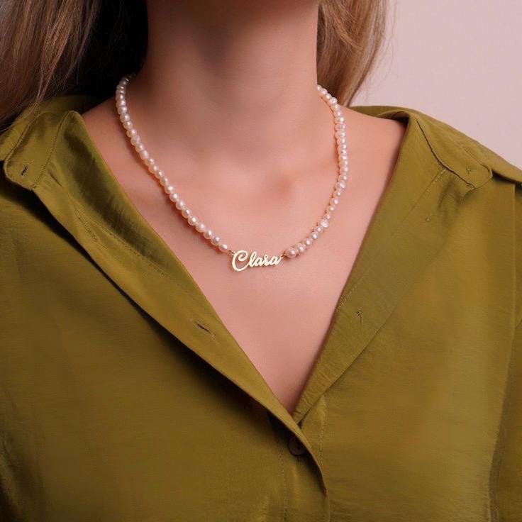 Personalised Pearl Name Necklace, Custom Dainty Chocker Pearl Name ...