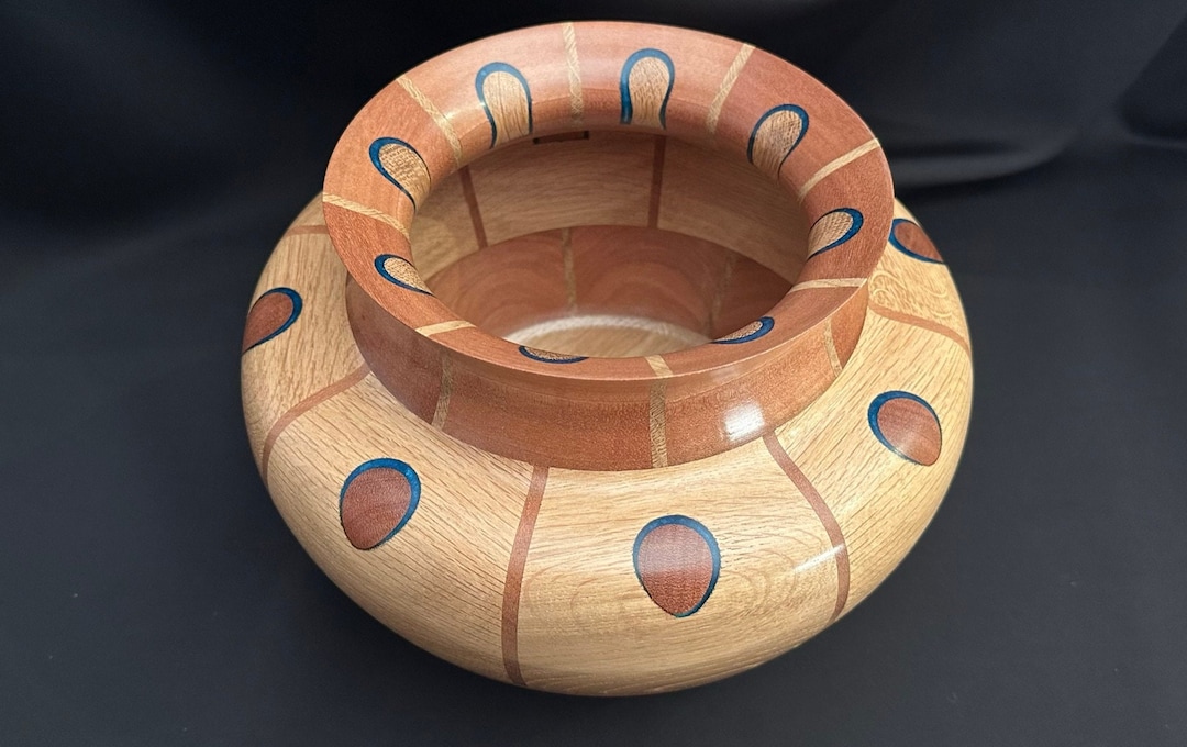 Large Segmented Turned Wooden Vase - Oak, Sipo and Jatoba - Blue Resin ...