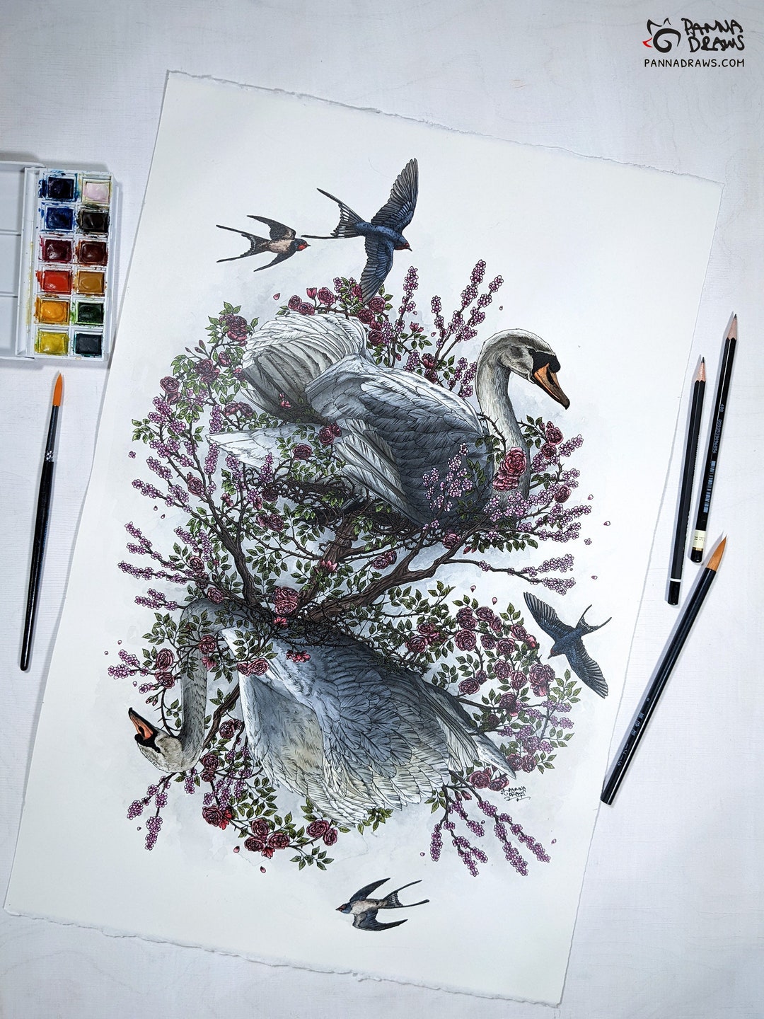 Swan and Swallows Watercolor Painting: Original Irish Romantic Bird Art ...