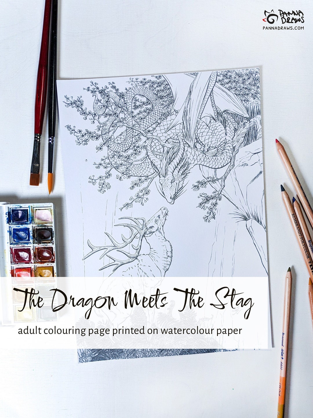 Dragon and Deer Coloring Page: Fantasy Watercolor Art - Etsy UK