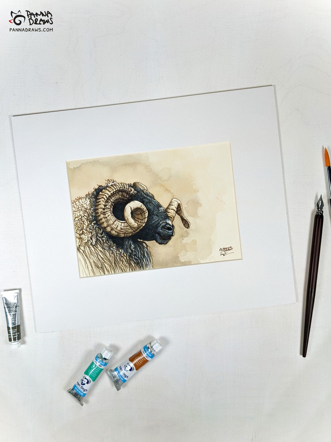 Irish Ram Watercolor Painting: Wicklow Mountains Art, Mounted Portrait ...
