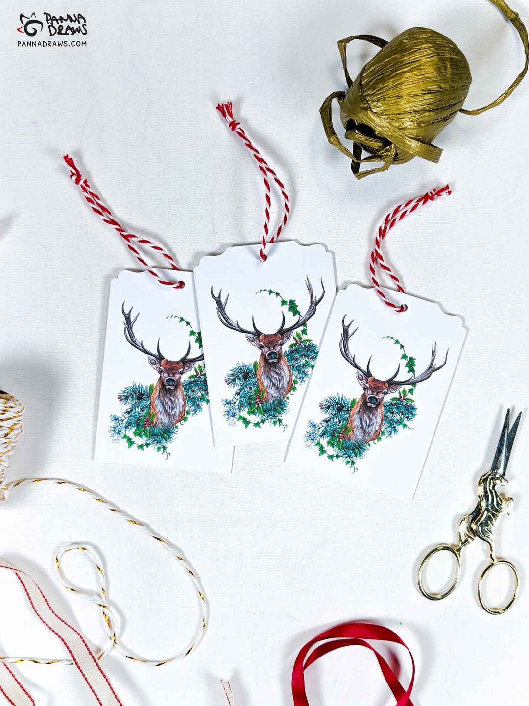 Red Deer Christmas Gift Tag Set, Handmade Stag Head Christmas Swing Tag ...