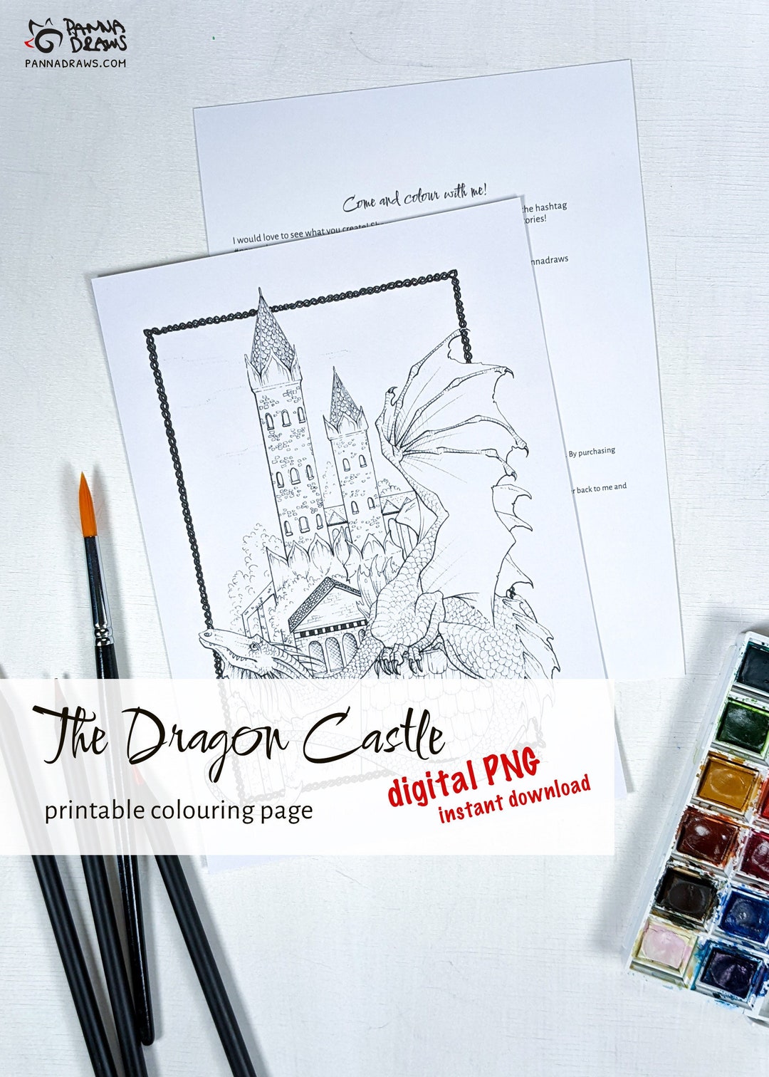 Dragon Castle Instant Download Printable Fantasy Coloring Page, Adult ...