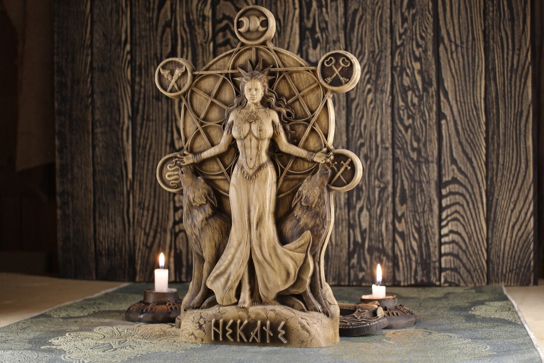 Hecate Statue: Greek Goddess Altar, Wiccan Decor Wood Carving Sculpture ...