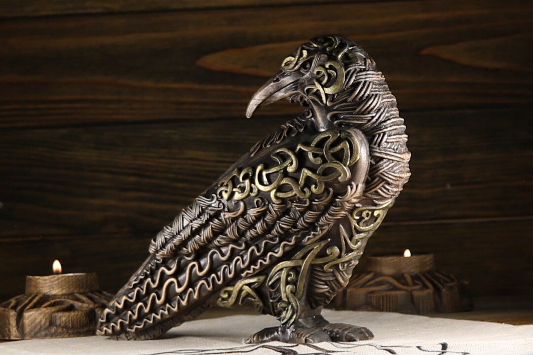 Carved Wooden Raven Statue: Black and Gold Norse Pagan Decor - Etsy