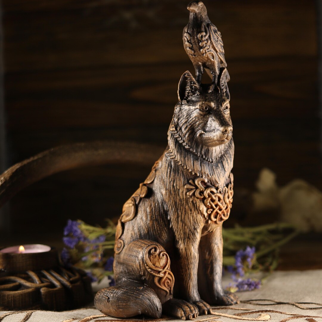 Ash Wood Wolf and Raven Statue: Norse Pagan Decor - Etsy