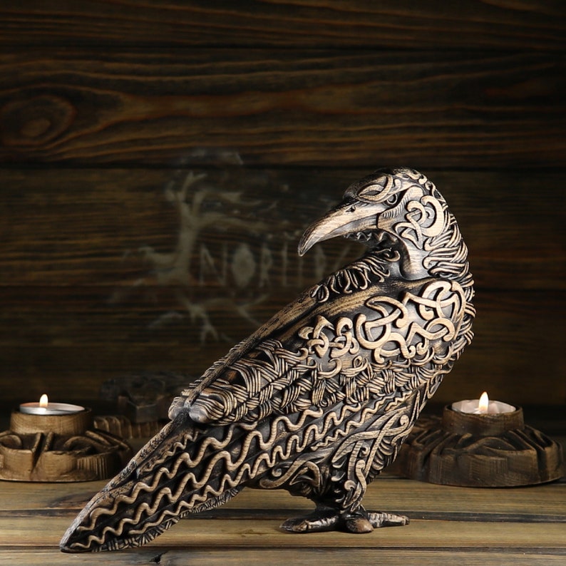 Norse Raven Statue: Wood Carved , Odin Pagan Decor - Etsy