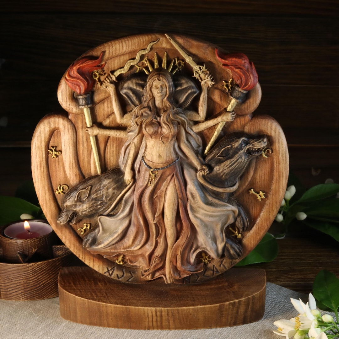 Triple Moon Hecate Statue: Wooden Greek Goddess Altar, Witchcraft Decor ...