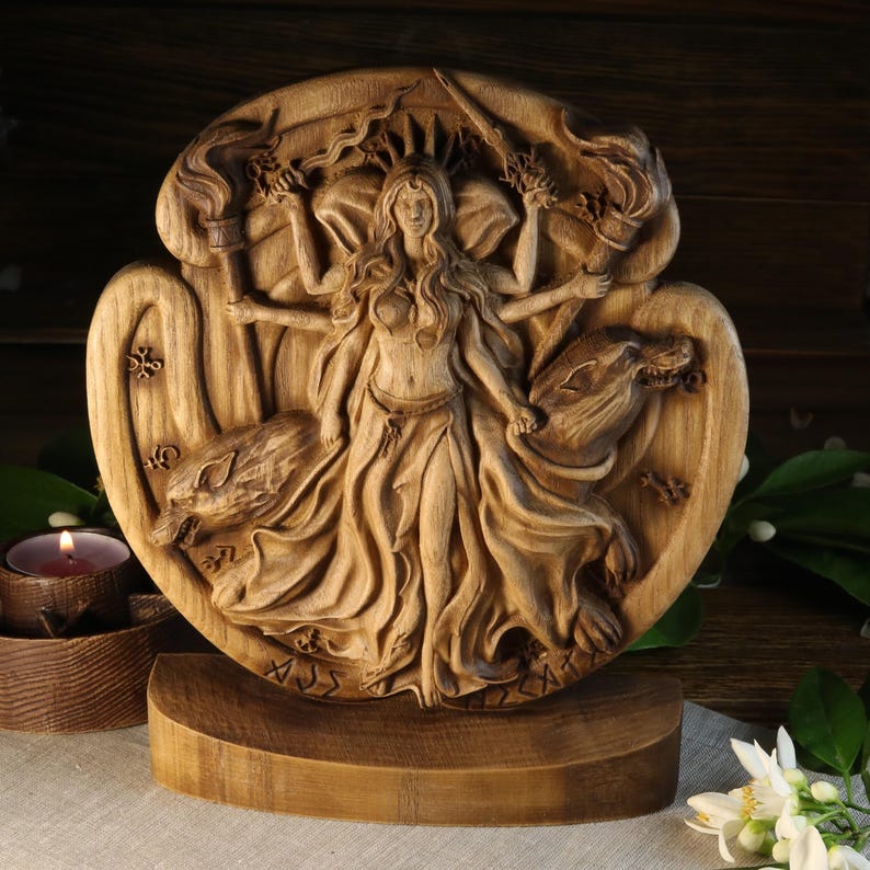 Triple Moon Hecate Statue: Wooden Greek Goddess Altar, Witchcraft Decor ...