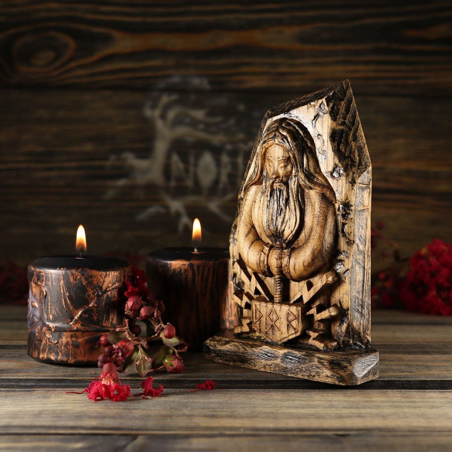 Thor Thor Statue Wood Carving Norse Pagan Wood Sculpture - Etsy