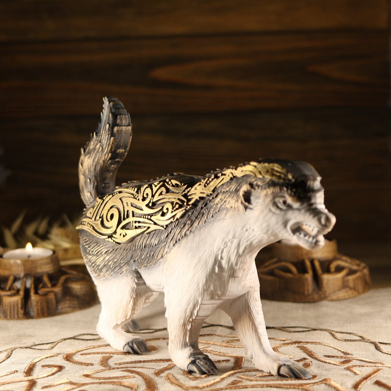 Carved Ash Wood Honey Badger Figurine: Gilded Animal Totem (9.0 Inches ...