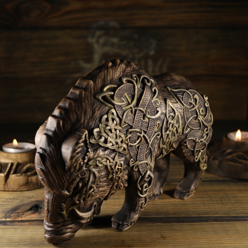 Gullinbursti Boar Statue: Norse Pagan Wood Carving, Viking Decor - Etsy