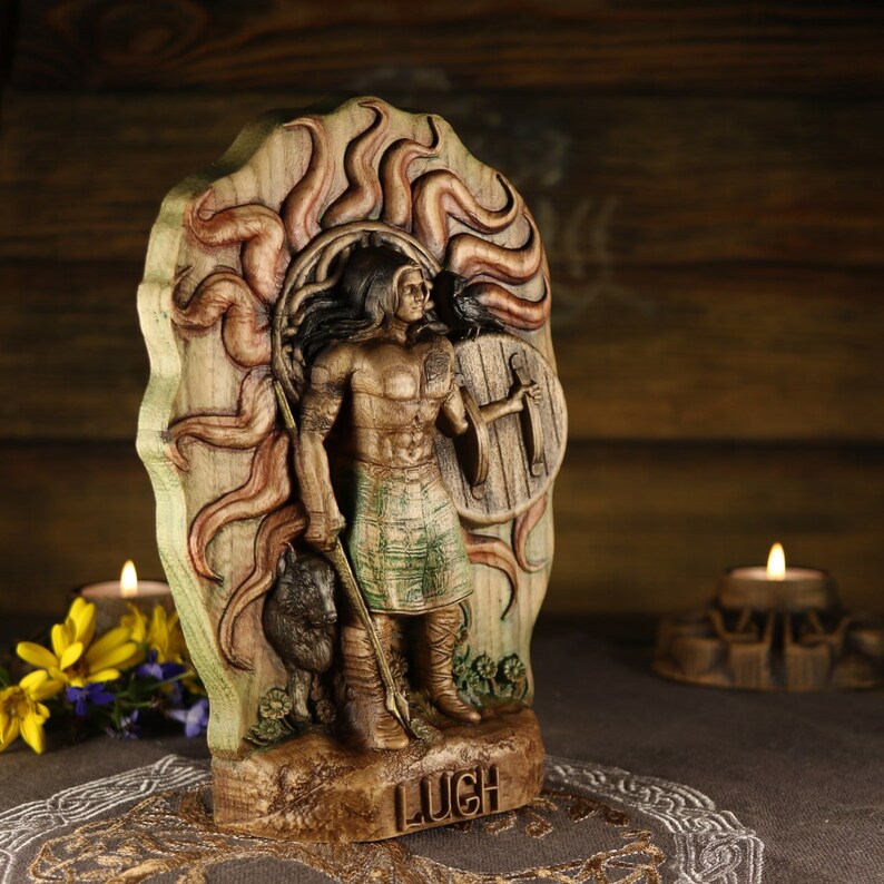 Hand Carved Ash Wood Statue of Irish God Lugh: Celtic Pagan Altar Decor ...