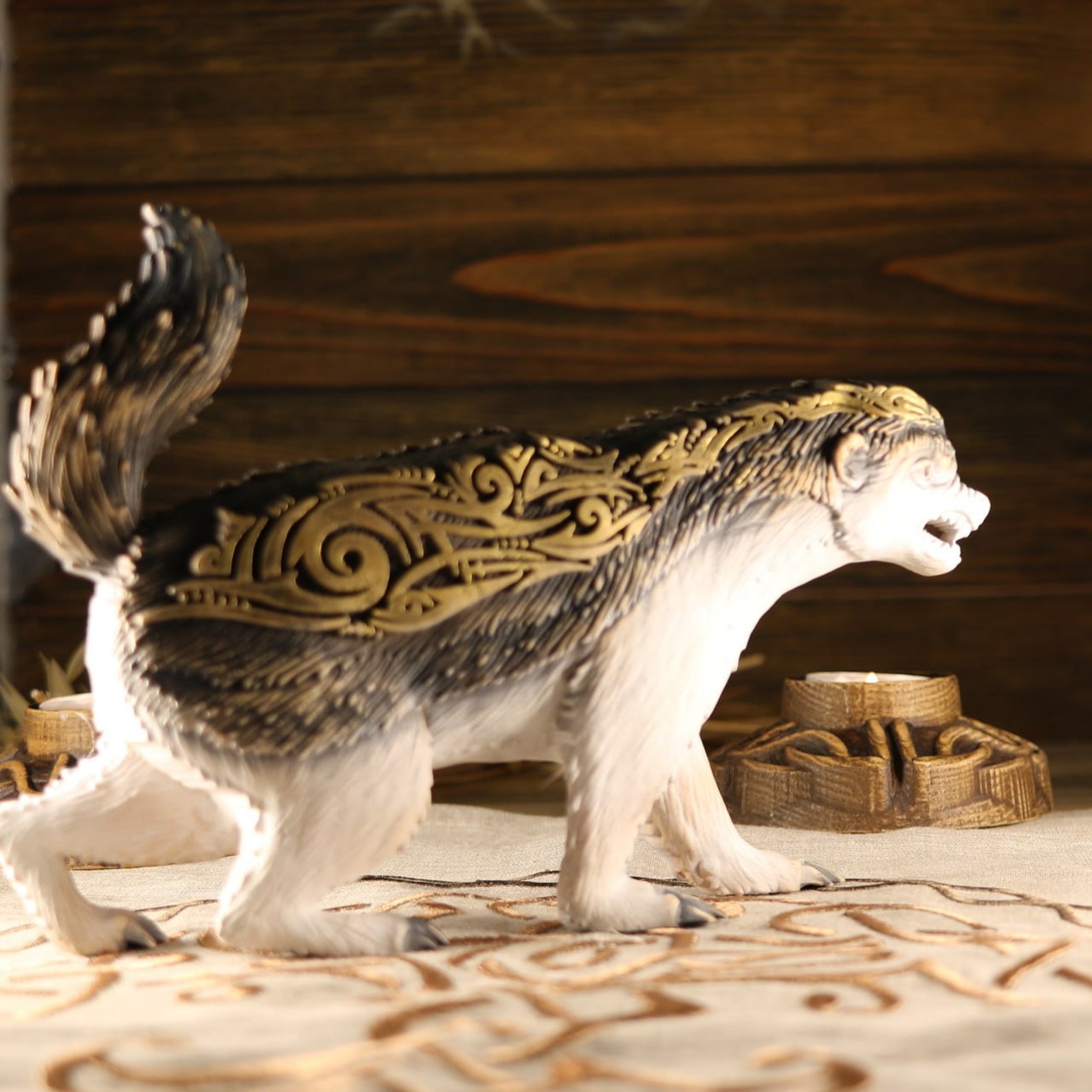 Carved Ash Wood Honey Badger Figurine: Gilded Animal Totem (9.0 Inches ...
