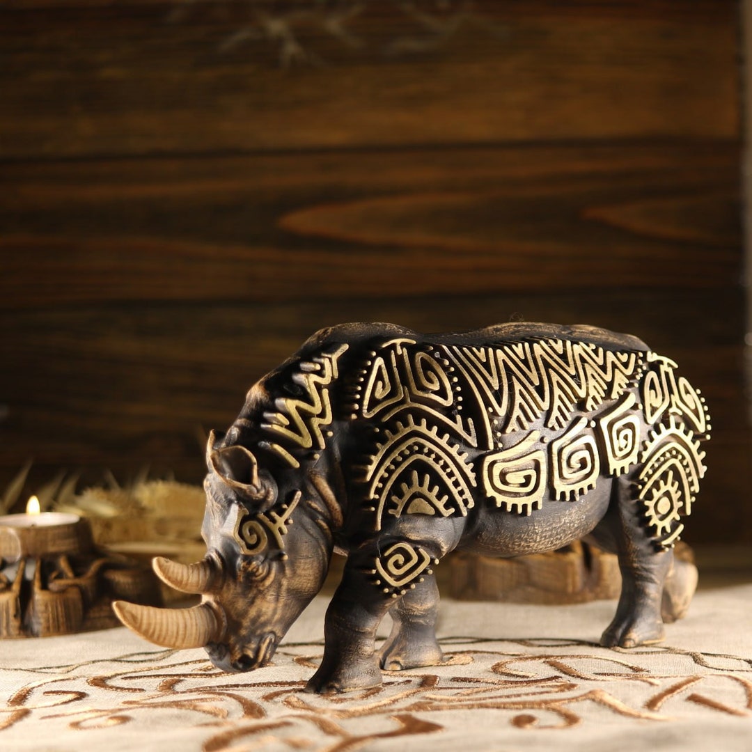 Rhino Statue Wooden Rhino Rhino Figurine Wood Carved Rhino Rhinoceros ...