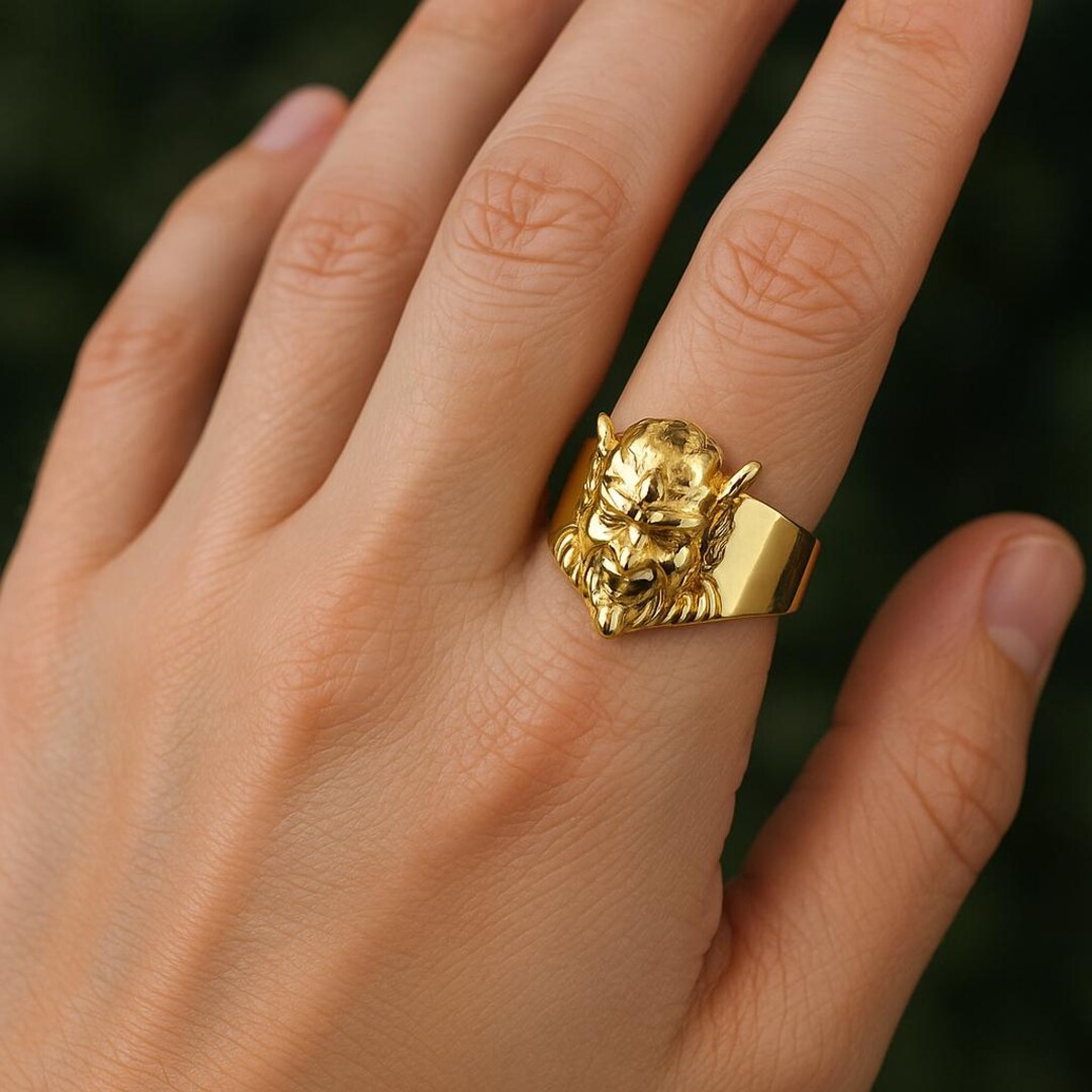Gold Demon Face Ring Gothic Devil Ring Statement Biker Ring Occult