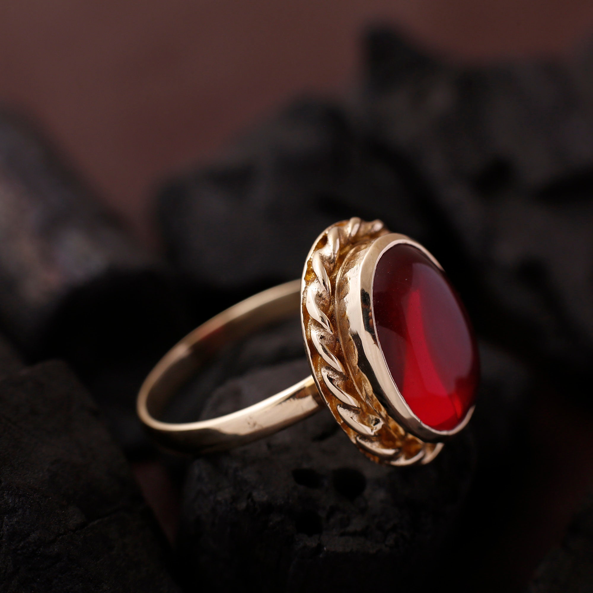 Handmade Brass Red Coral Gemstone Ring, Bohemian Statement - Etsy
