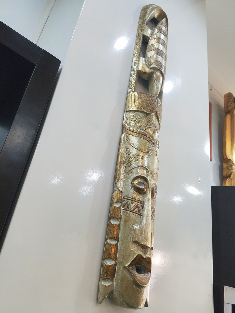 African Hand Carved Tribal Mask, Wood Wall Hanging Art, Vintage Long ...