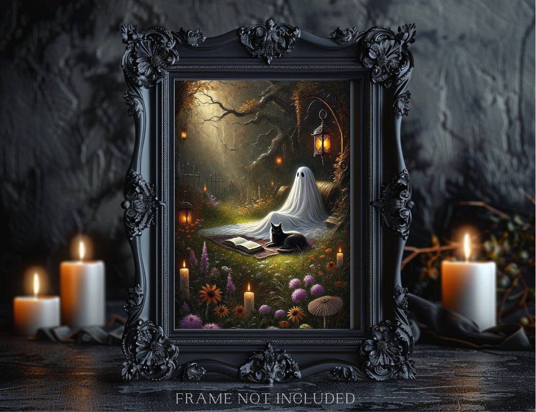 Black Cat and Ghost in Wildflowers, Ghost Reading Books, Victorian ...