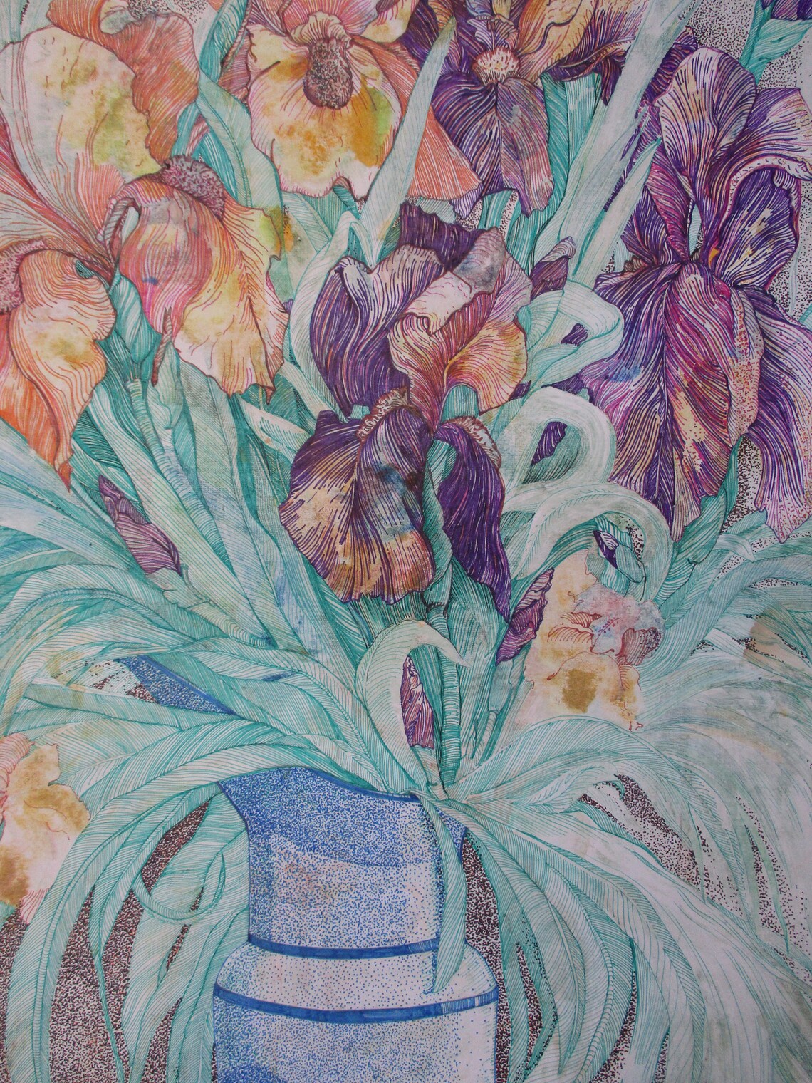 Iris Painting Original Pen and Ink Drawing Flowers in Vase Art - Etsy