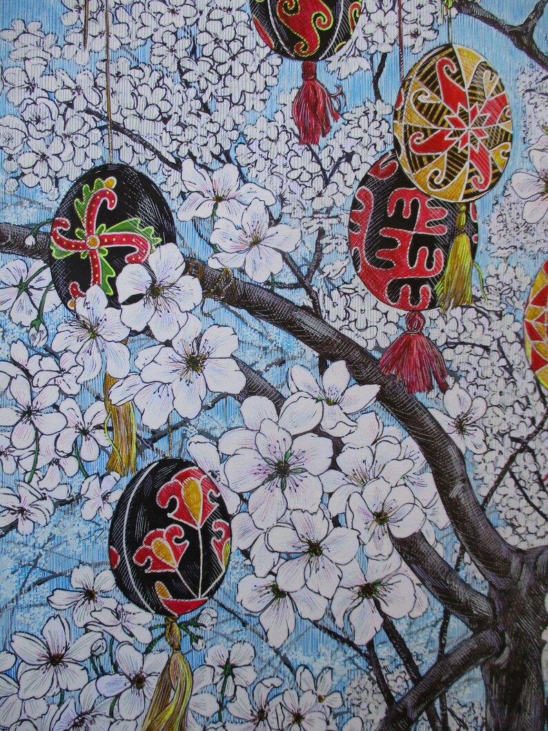 Cherry Blossom Painting Original Pen and Ink Drawings Ukrainian Easter ...