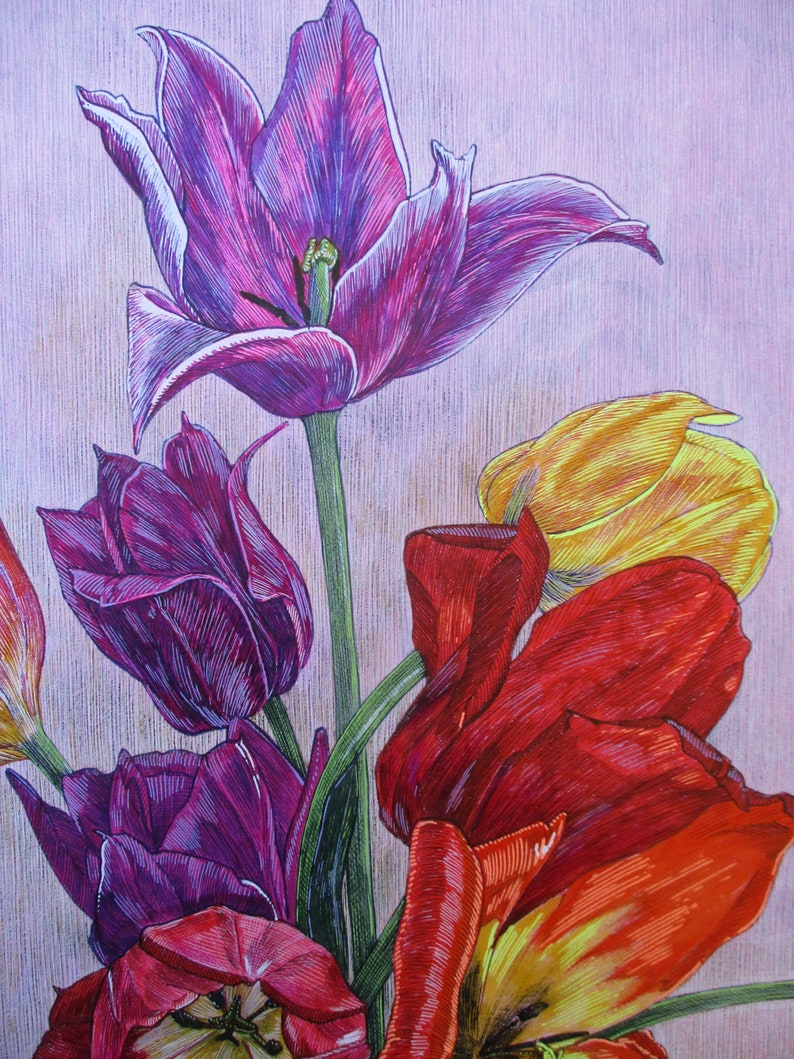 Tulip Painting Original Pen and Ink Drawings Tulip Artwork Still Life ...