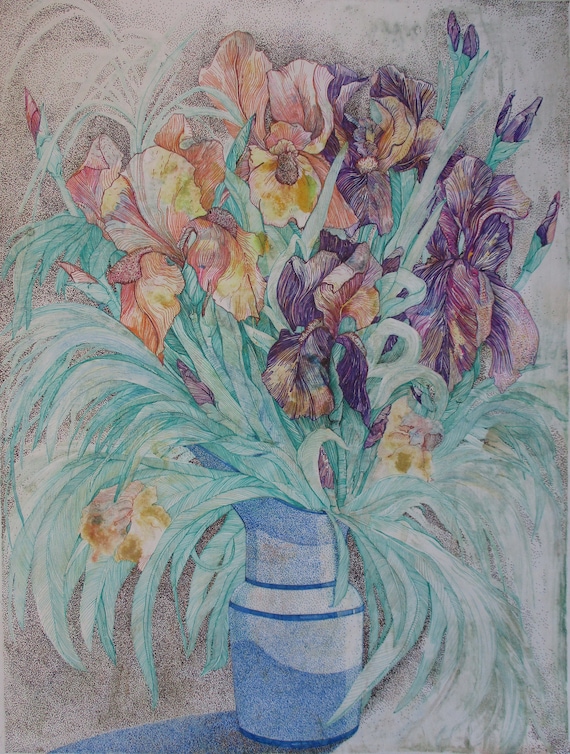 Iris Painting Original Pen and Ink Drawing Flowers in Vase Art | Etsy