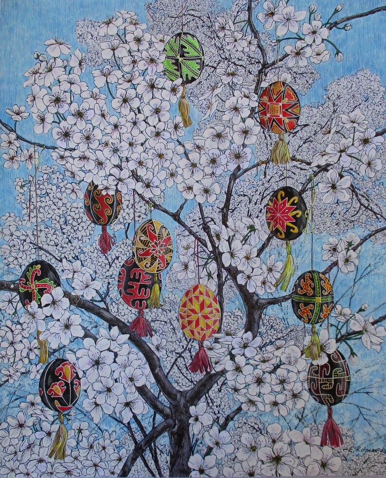 Cherry Blossom Painting Original Pen and Ink Drawings Ukrainian Easter ...