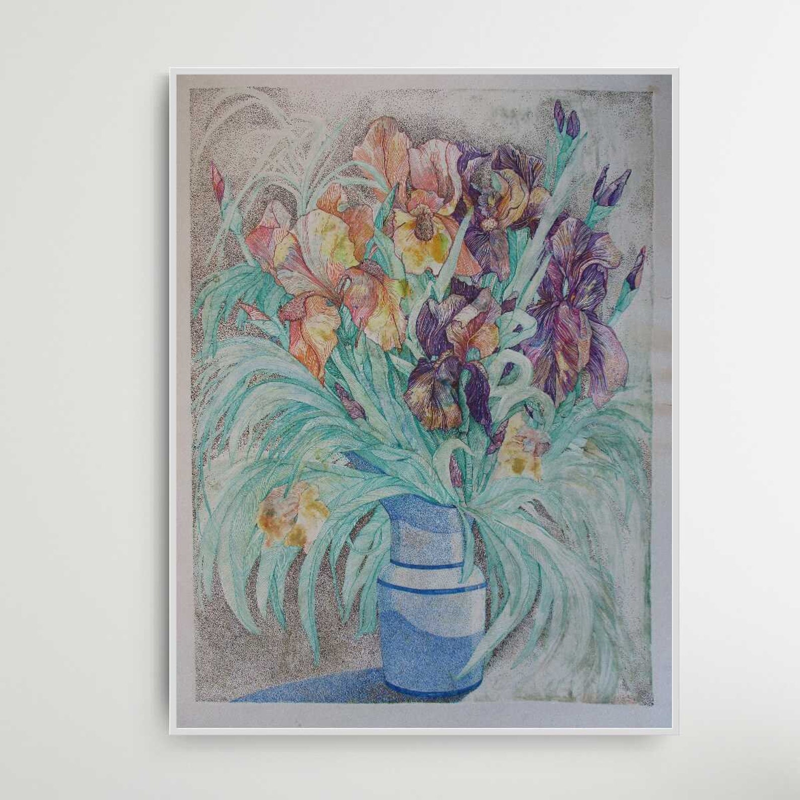 Iris Painting Original Pen and Ink Drawing Flowers in Vase Art - Etsy
