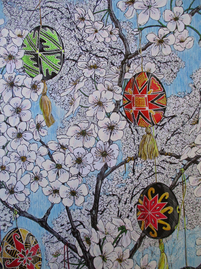 Cherry Blossom Painting Original Pen and Ink Drawings Ukrainian Easter ...